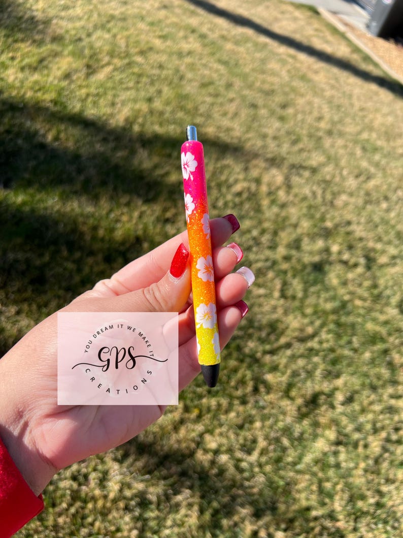 Hibiscus Flower Sunset Theme Pen, Personalized Glitter Pens, Glitter ...
