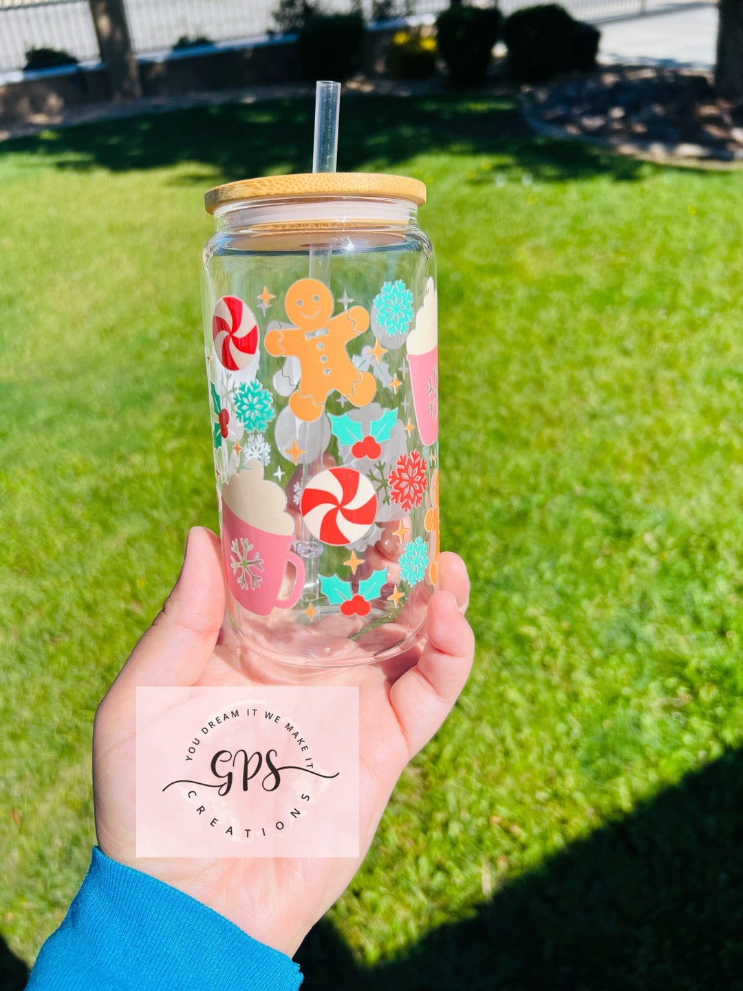 Pink Hot Cocoa and Gingerbread Glass Libbey 16 Oz Cup, Christmas Coffee Can Glass, Sweet ...