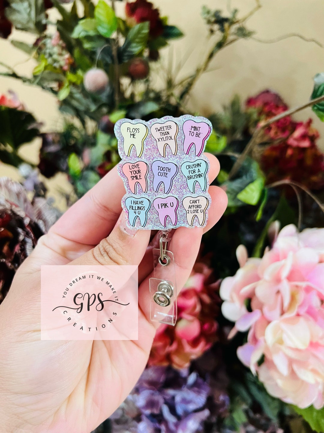 Dental Theme Valentines Badge Reel, ID Holder, Glitter Tooth Badge ...