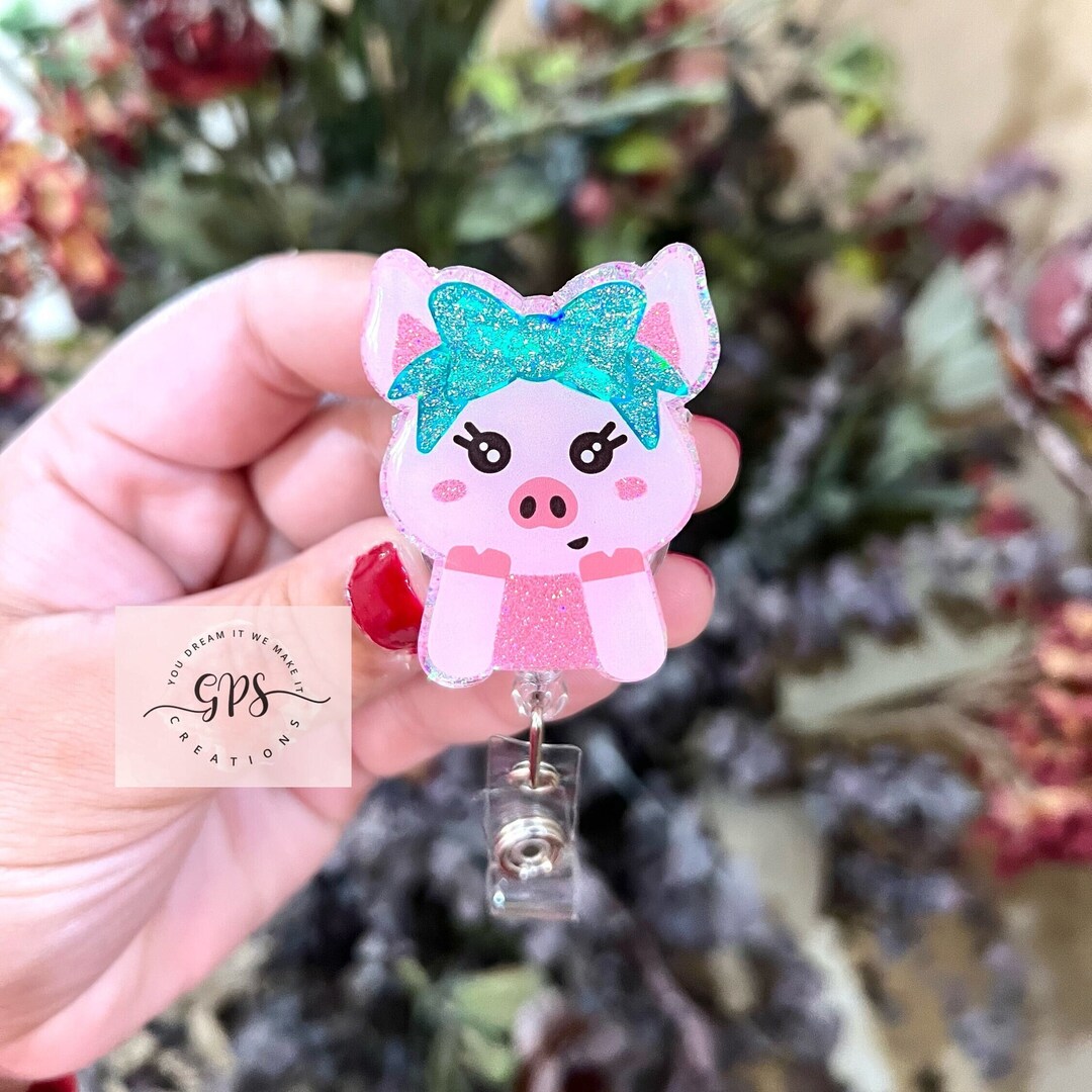 Sitting Pig Badge Reel, Cute Pig Badge Reel, ID Holder, Farm Animals, L ...
