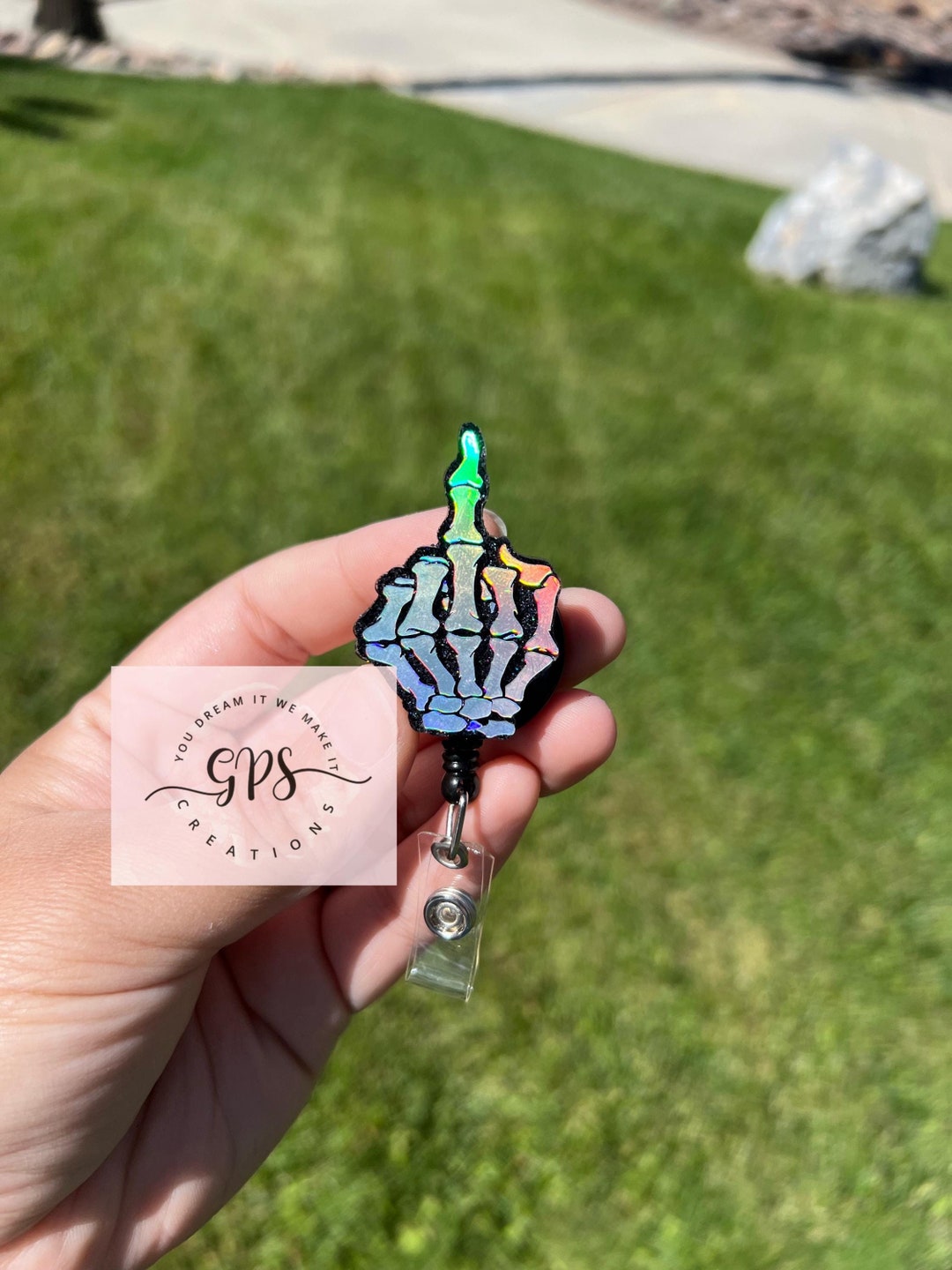 X-ray Skeleton Middle Finger Badge Reel, Halloween Badge Reel, ID ...