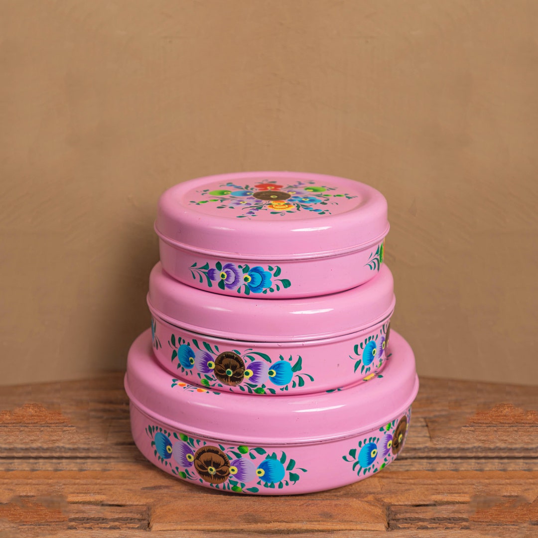 Pink Floral Handpainted Stainless Steel Enamel Round Container - Set of ...