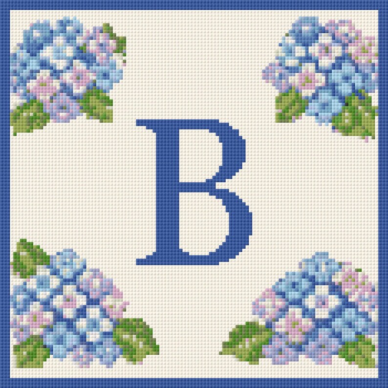 Personalized Hydrangea Monogram Needlepoint Chart – Floral Alphabet B ...