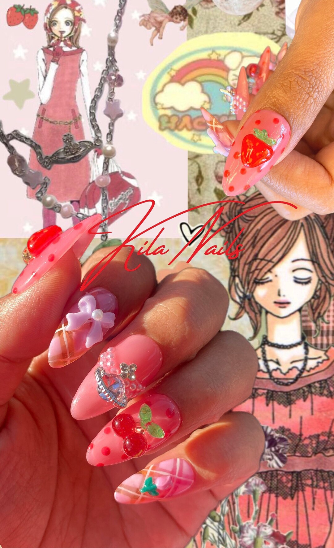 74. Valentine Hachi Nana Gyaru Trendy Kawaii Pink Girly Press on Nails ...
