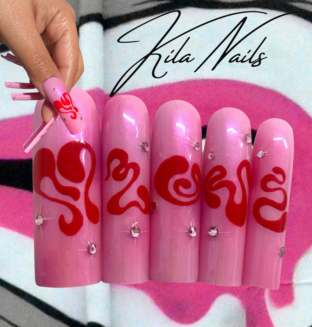 33. Trendy Funky Groovy Gyaru Pink Red Love Font Pretty Press on Nails ...