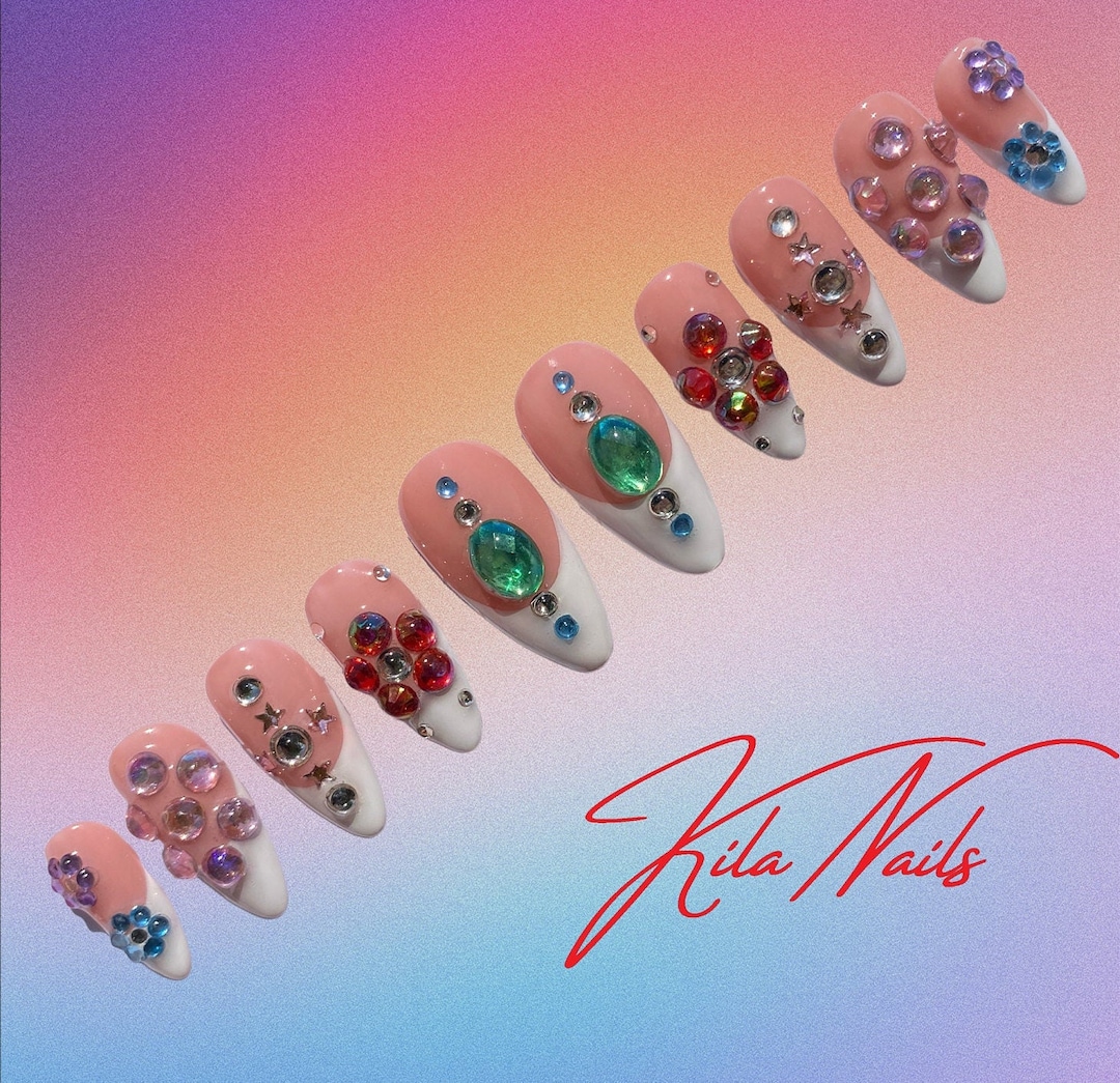 Spring Y2k Gyaru Rhinestone French Tips Colorful - Etsy