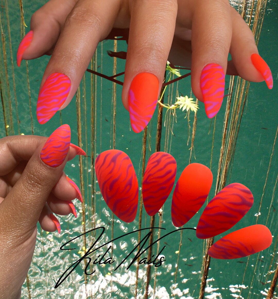 51. Trendy Y2k Gyaru Matte Orange and Purple Tiger Stripes Press on ...