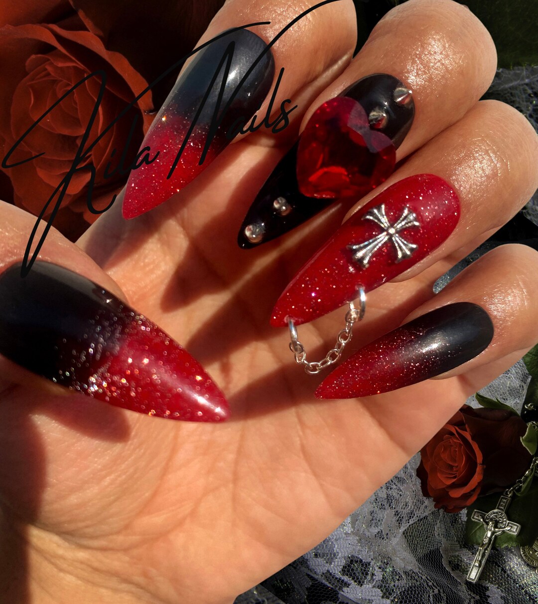 Goth Vampy Alt Emo Black And Red Press On Hails Spikes Heart Rhinestone