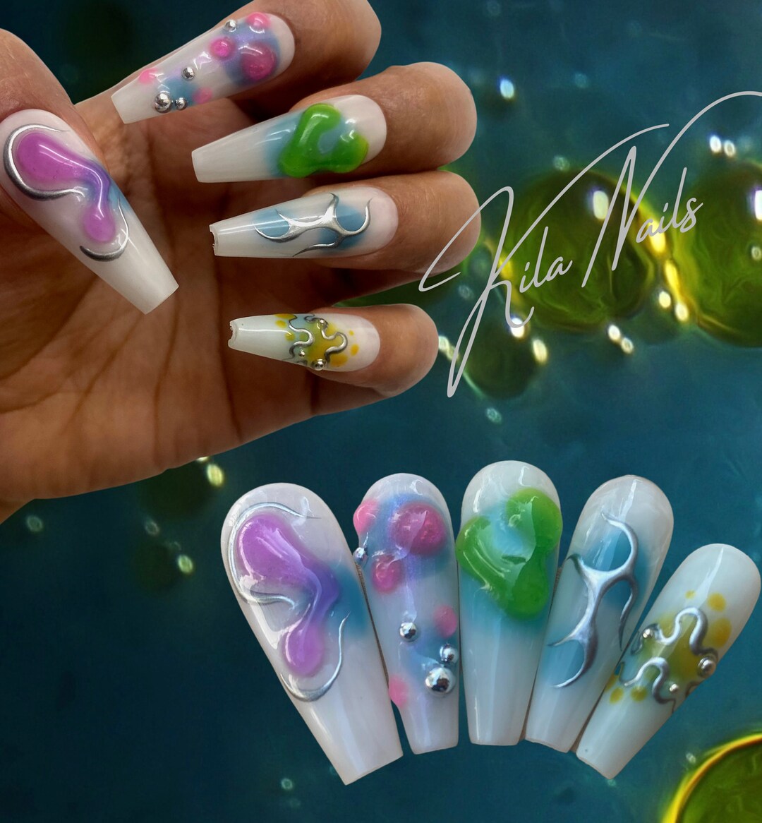 Trendy French Tips Y2k Gyaru Millennium Summer Colorful Metal - Etsy