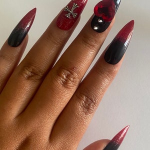 Goth Vampy Alt Emo Black And Red Press On Hails Spikes Heart Rhinestone