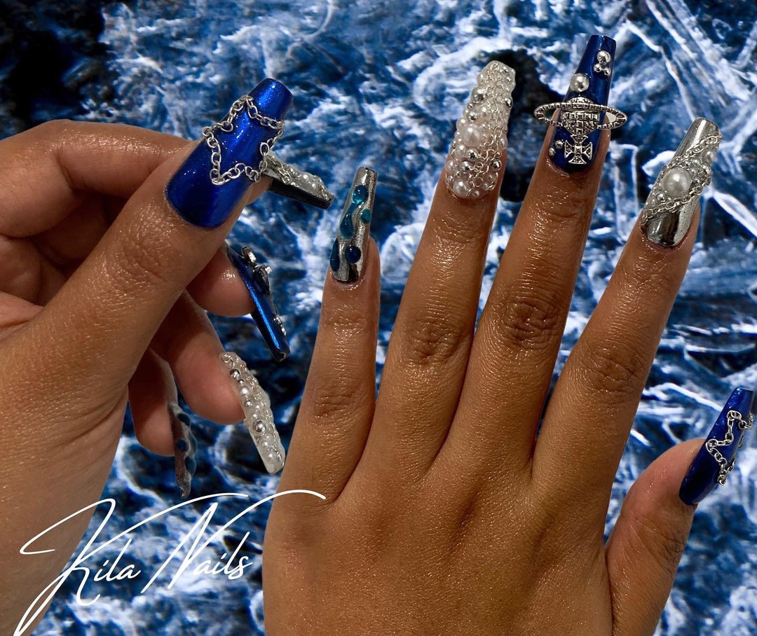 18. Space Metallic Blue and Silver With Metal Pearls and Chains Alien Superstar Holiday Fancy ...