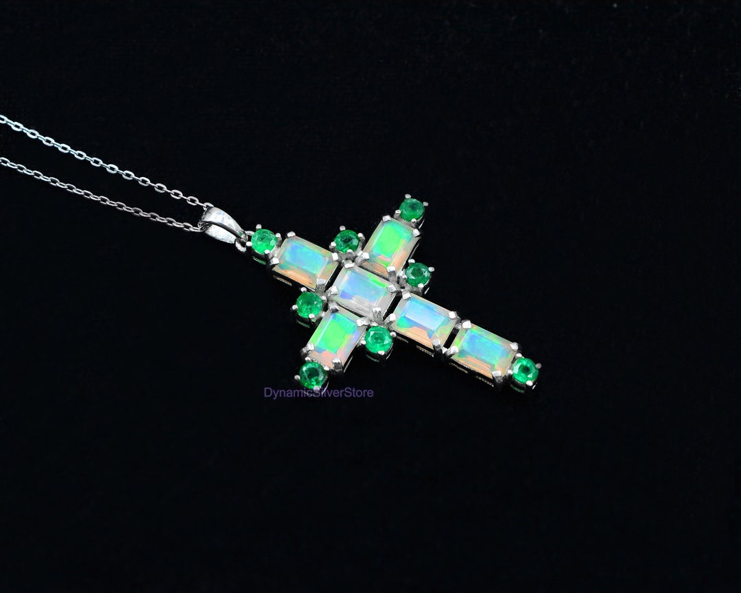 Natural Ethiopian Welo Opal & Zambian Emerald Pendant Necklace\ 925 ...