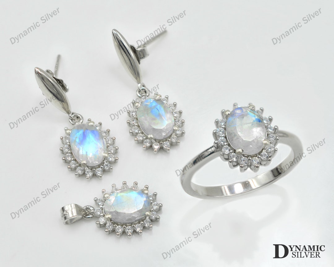 8x6 MM Natural Rainbow Moonstone Jewelry Set 925 Sterling Silver June ...