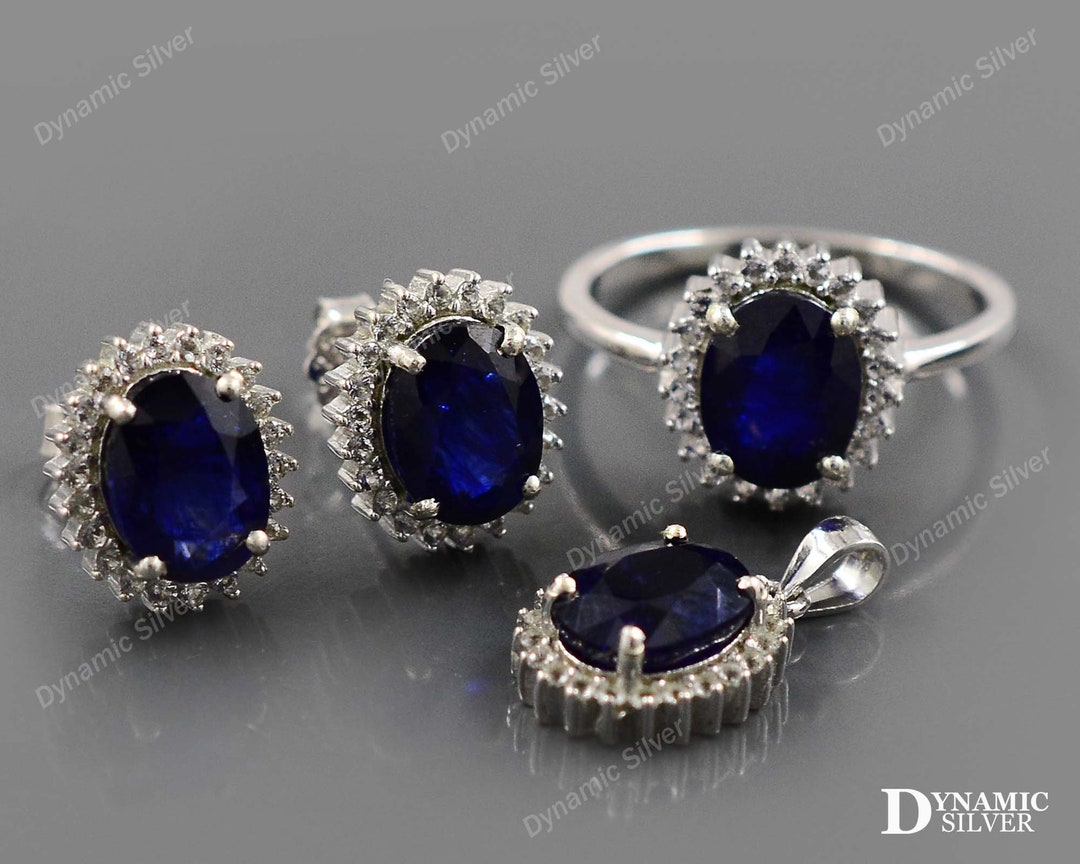 Natural Blue Sapphire Jewelry Set/ 925 Sterling Silver/ Ring Earring ...