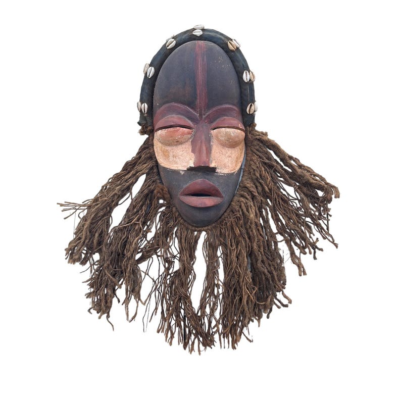 Dan African Tribal Mask With Raffia Hair & Cowrie Shells Decor - Etsy