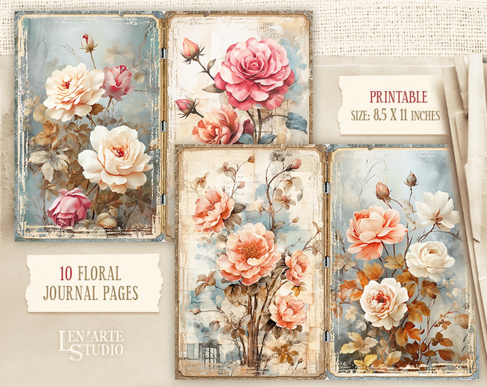 Floral Junk Journal Papers, Vintage Roses Collage Sheet, Watercolor ...