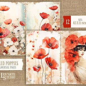 Red Poppies Junk Journal Pages, Watercolor Poppies Printable Paper, Red ...