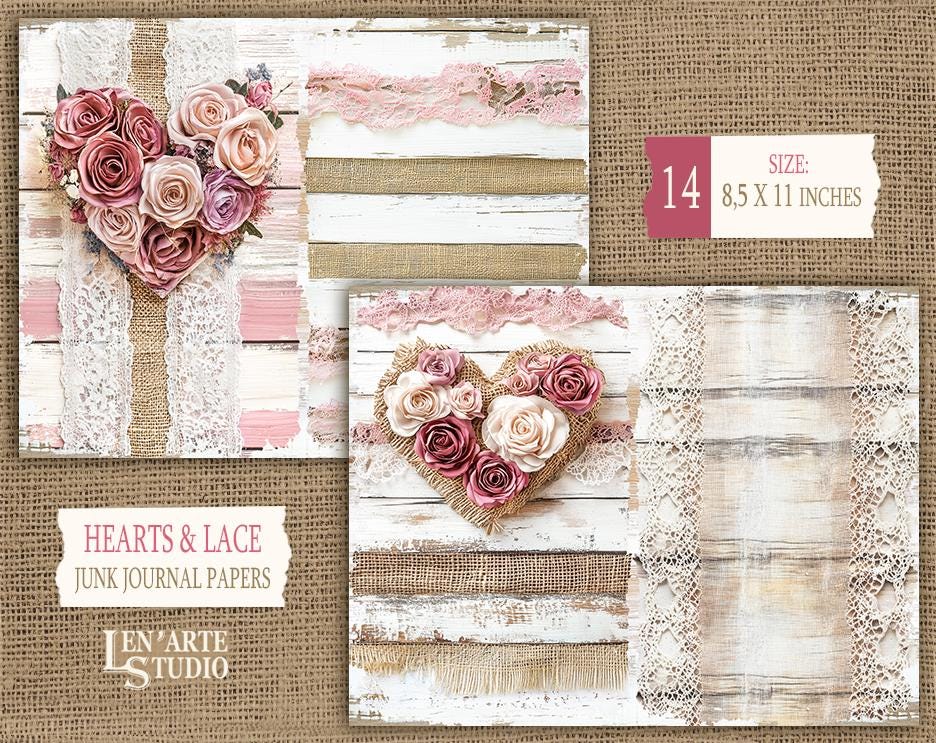 Valentines Digital Papers, Romantic Junk Journal Printable Paper, Pink ...