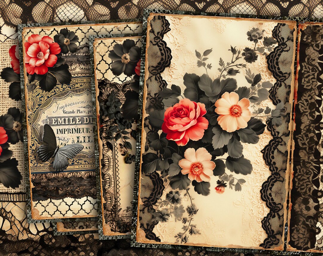Dark Lace Junk Journal Printable Pages, Floral Lace Collage Sheets ...