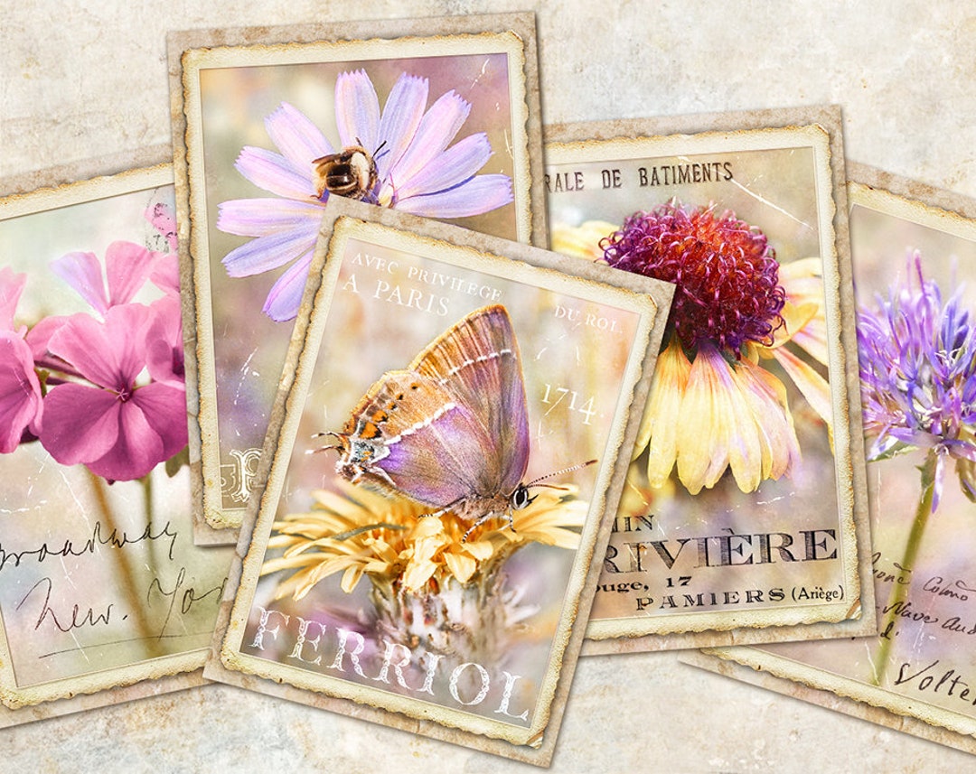Vintage Botanical Card Set, Junk Journal Printable Floral Cards ATC ...