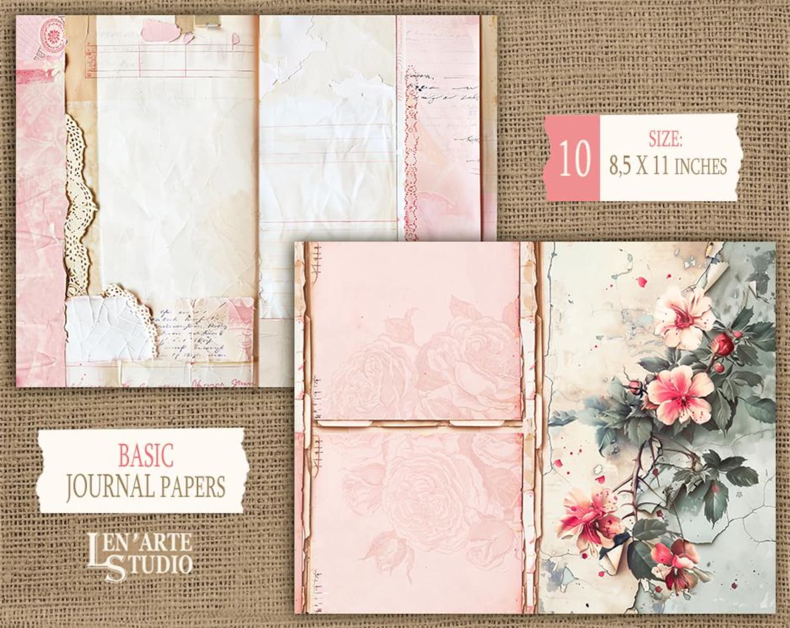Basic Junk Journal Pages, Floral Junk Journal Kit, Blank Pink Papers ...