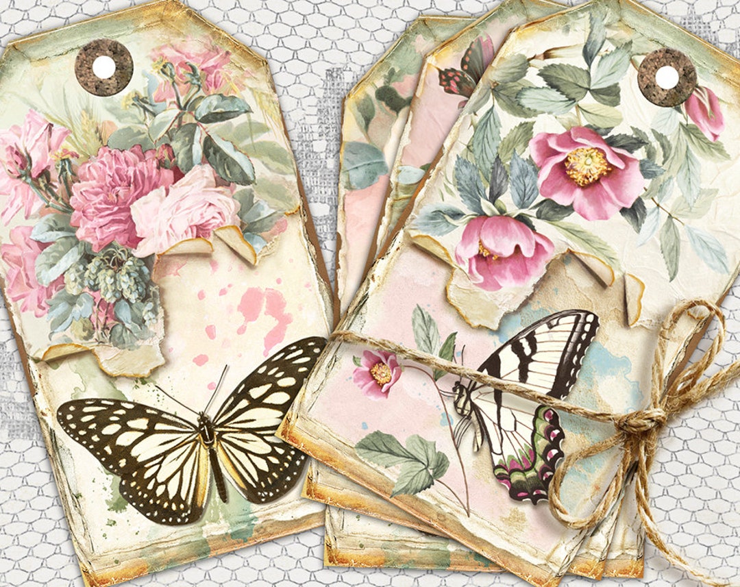 Vintage Butterflies Journal Tags, Botanical Printable Tags, Flowers ...