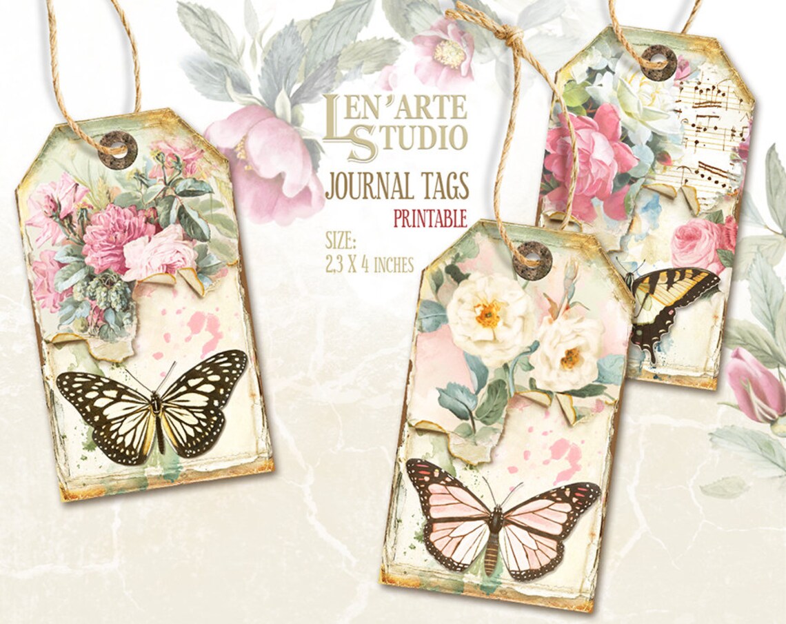 Vintage Butterflies Journal Tags, Botanical Printable Tags, Flowers ...