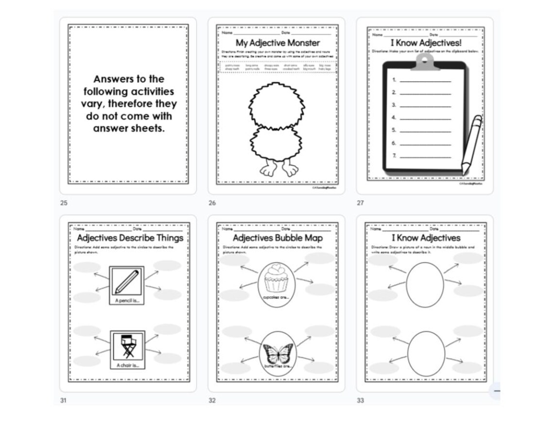 ADJECTIVES Activity Packet - Etsy