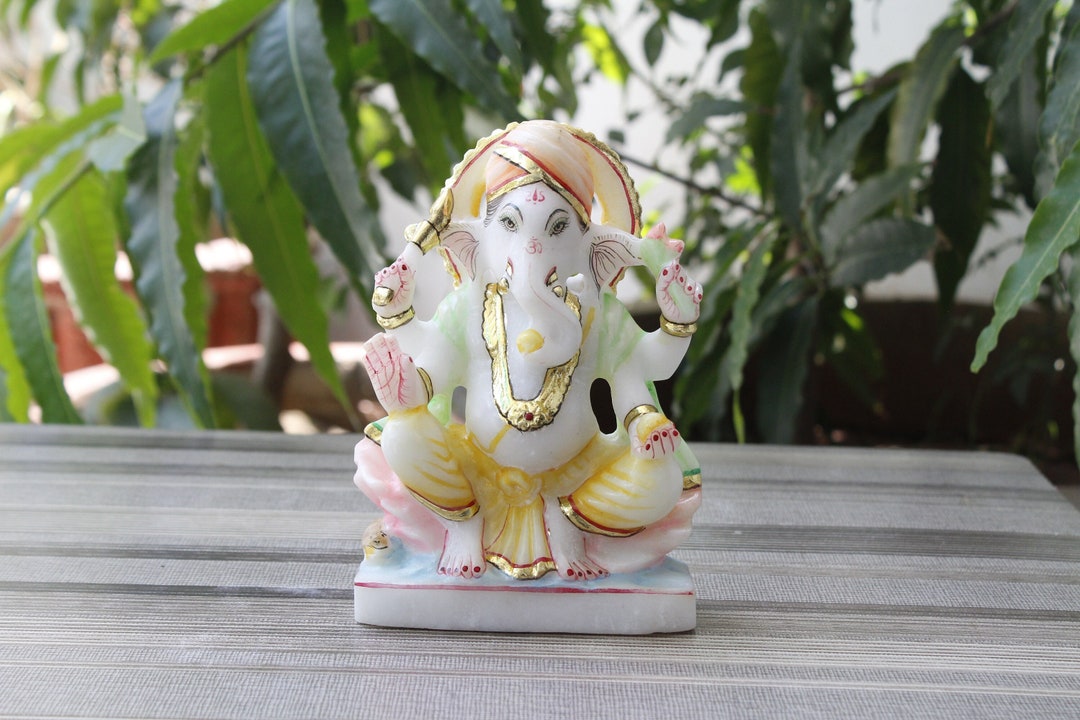 6 Inches Marble Ganesha Statue Sculpture Hand Painted White Marble ...