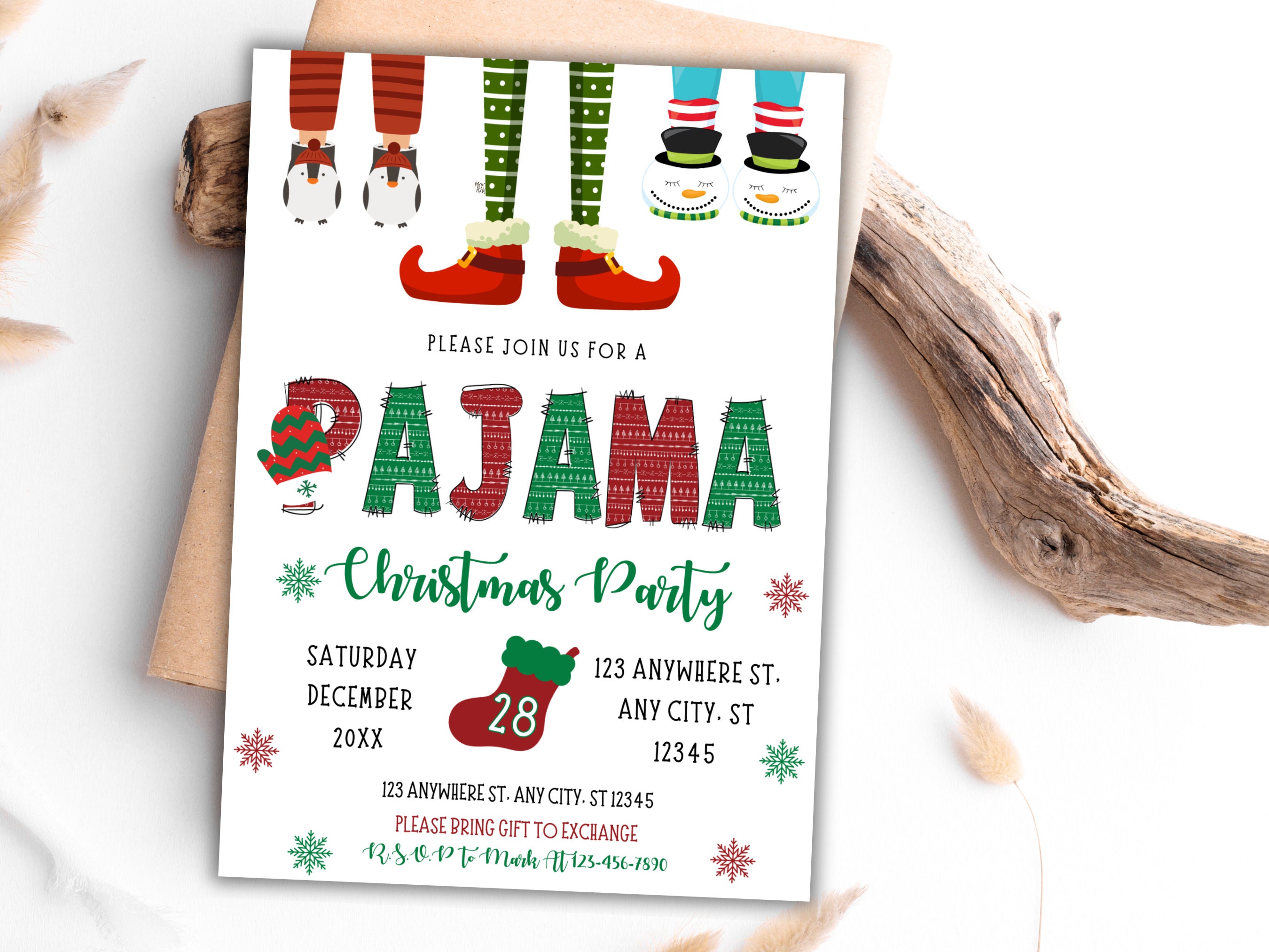 Editable Christmas Pajama Party Invite Template, Printable Holiday ...