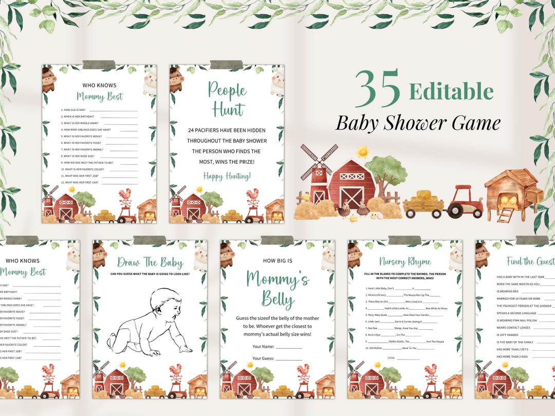 Editable Farm Baby Shower Games Bundle, Barn Animals Baby Shower Game ...