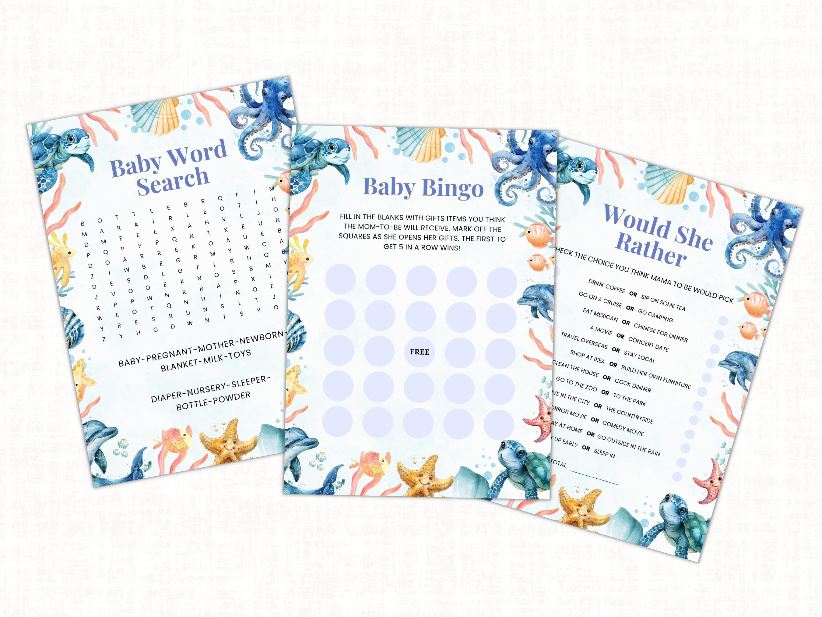 Under the Sea Baby Shower Games,ocean Baby Shower Game Pack, Blue ...