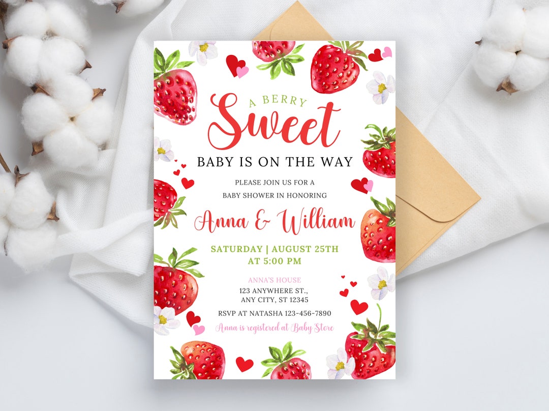 Editable Berry Sweet Baby Shower Invitation, Blush Berry Sweet Invite ...