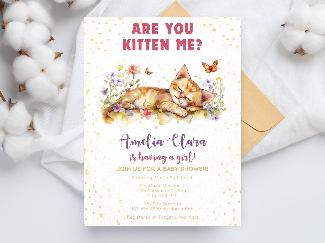 Kitten-themed Baby Shower Invitations, Girl Baby Shower Invitation ...