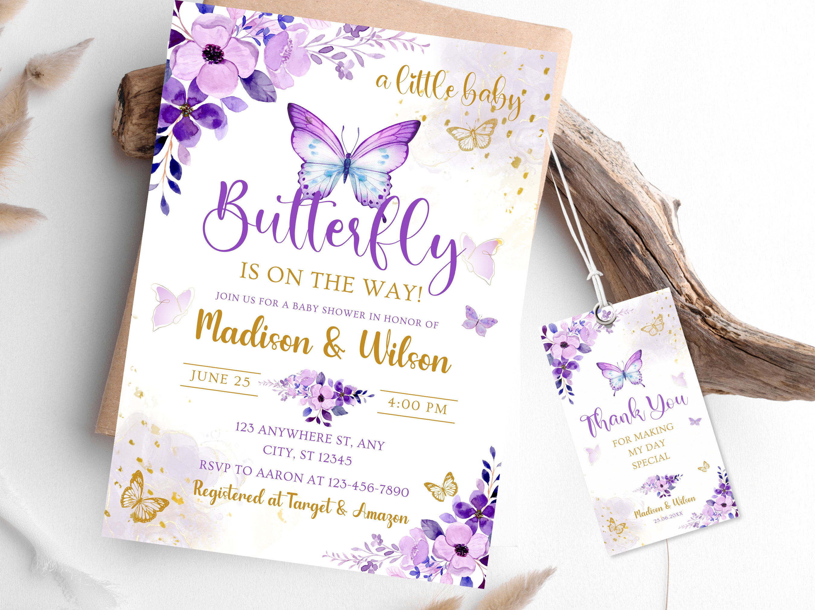 Editable Purple Butterfly Baby Shower Invitation, Butterfly Baby Shower ...