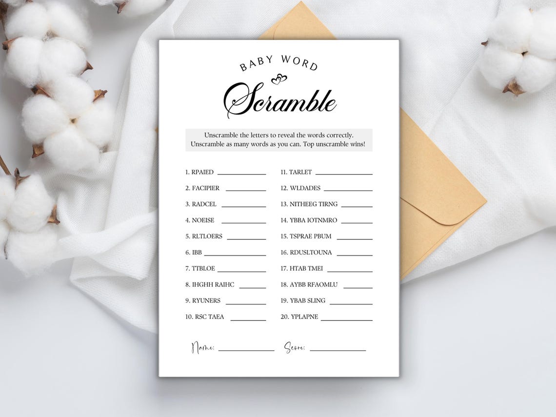 Baby Shower Word Scramble With Answer Key, Printable Baby Shower Game ...