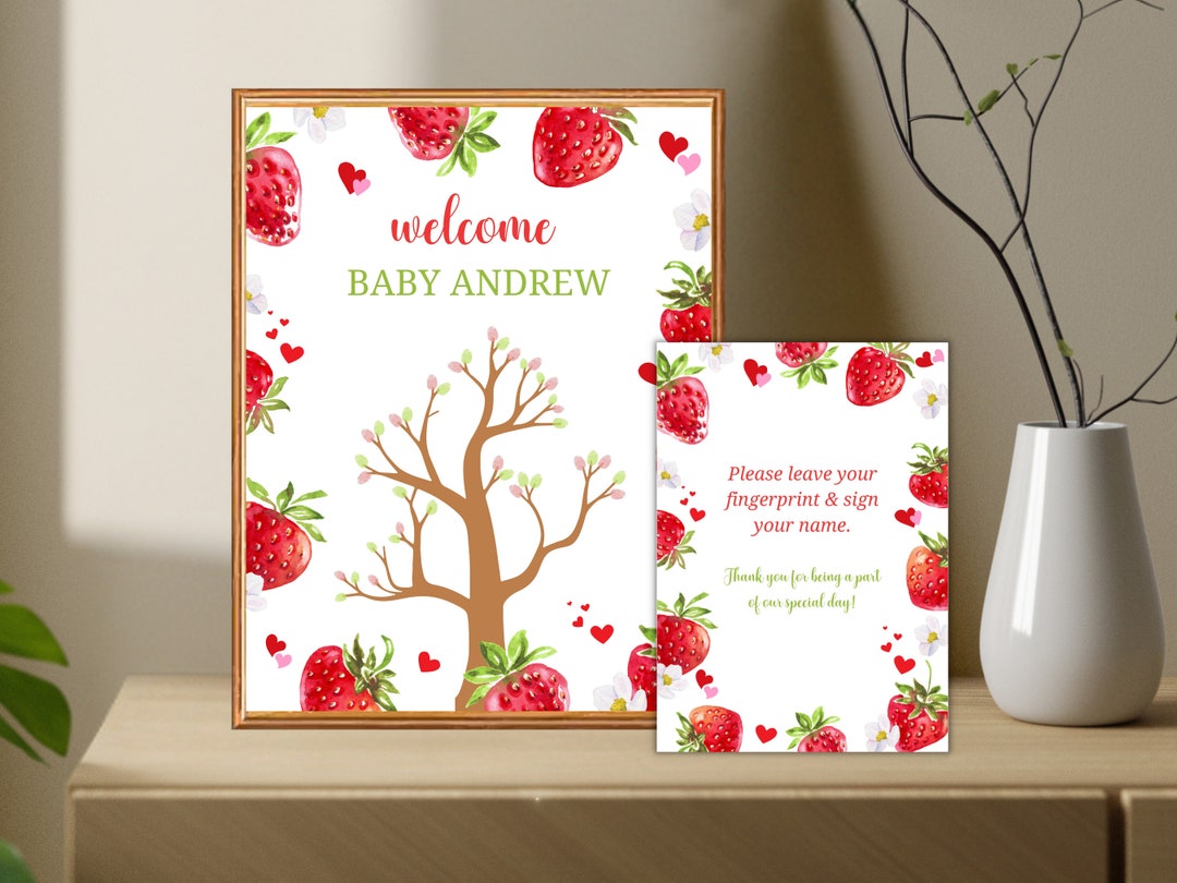 Strawberry Baby Shower Fingerprint Print, Fingerprint Keepsake, Baby ...