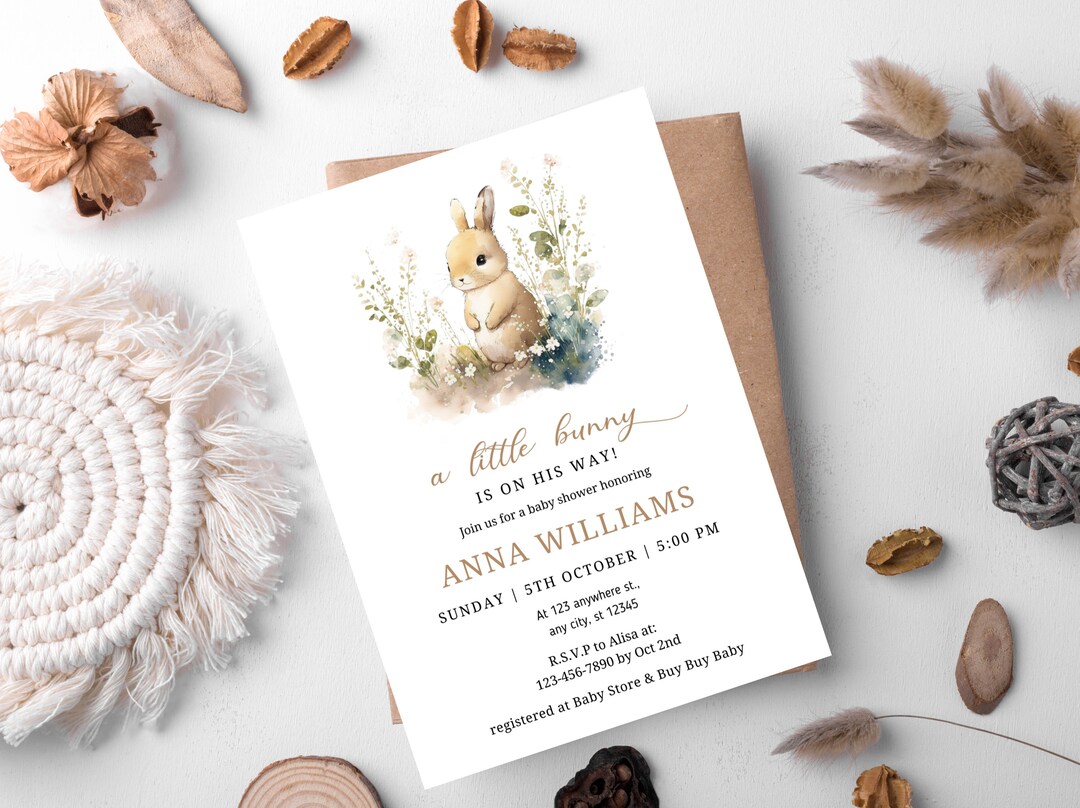 EDITABLE Rabbit Baby Shower Invitation, Watercolor Bunny Baby Shower ...