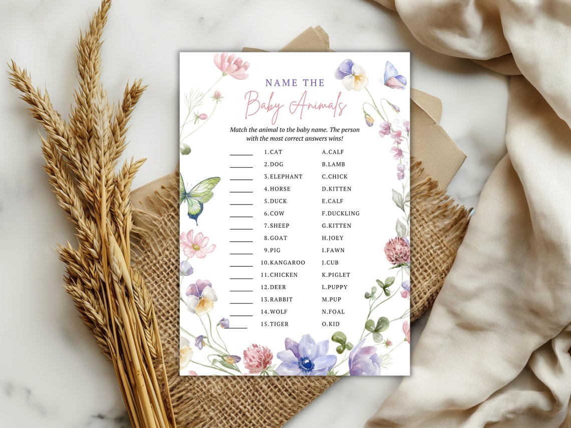 WILDFLOWER Baby Shower Baby Animal Match Game , Greenery Animals Baby ...