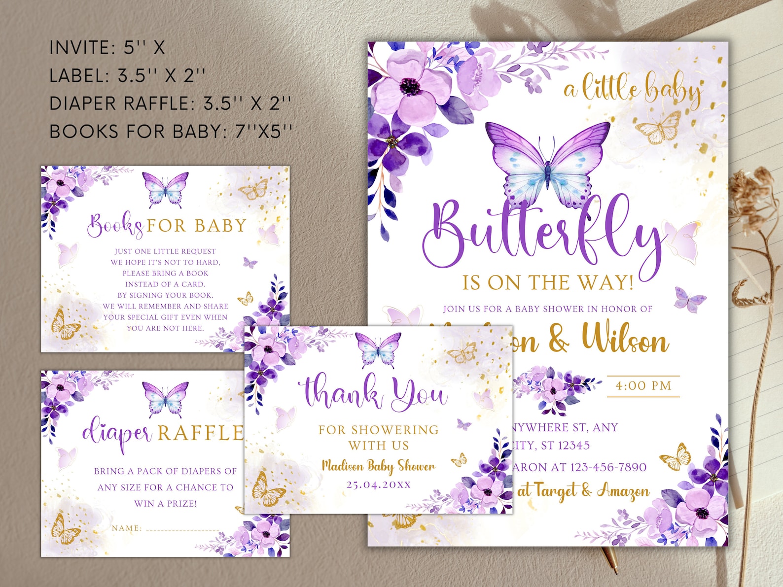 Editable Purple Butterfly Baby Shower Invitation Set, Butterfly Baby ...