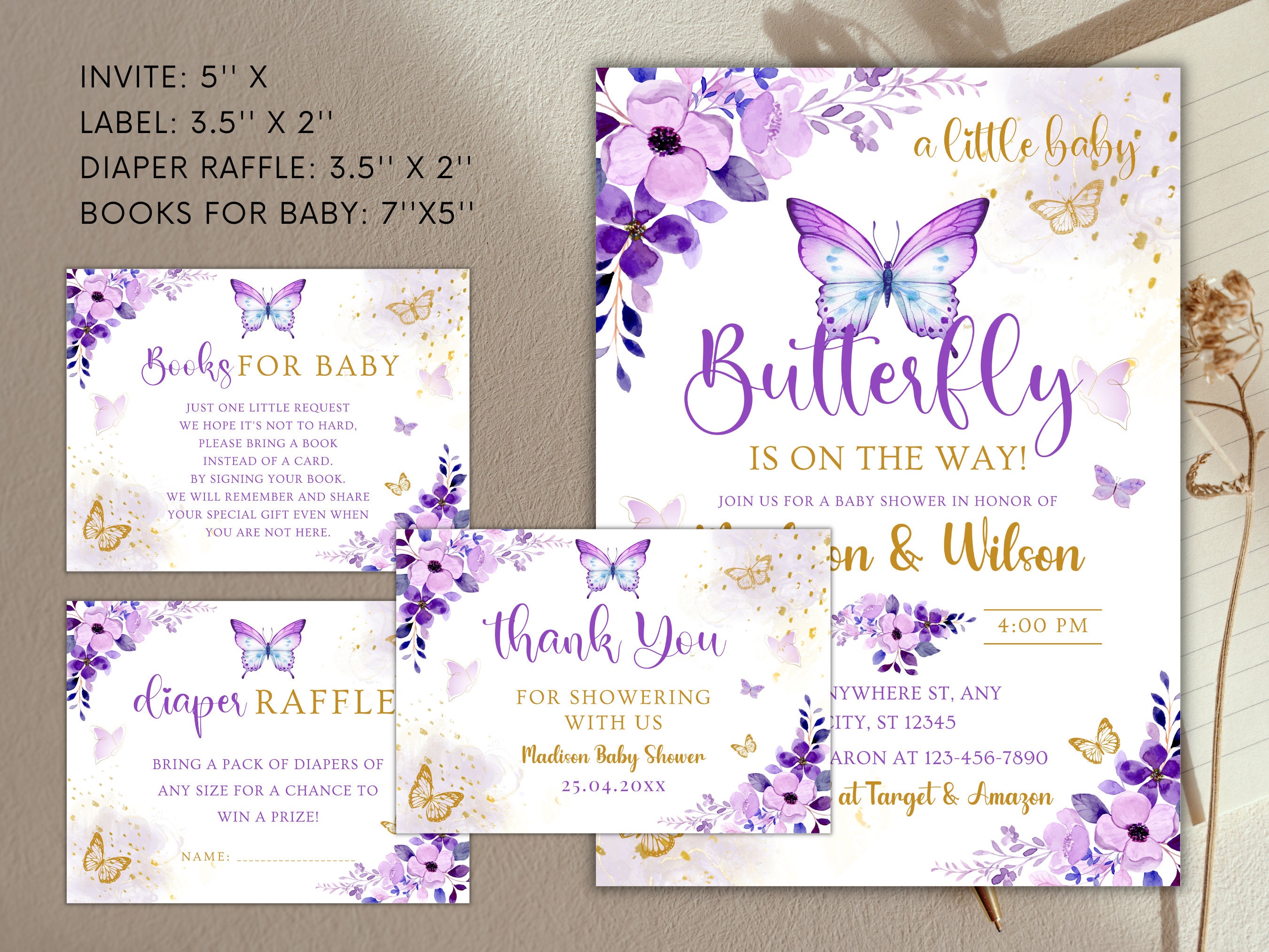 Editable Purple Butterfly Baby Shower Invitation Set, Butterfly Baby ...