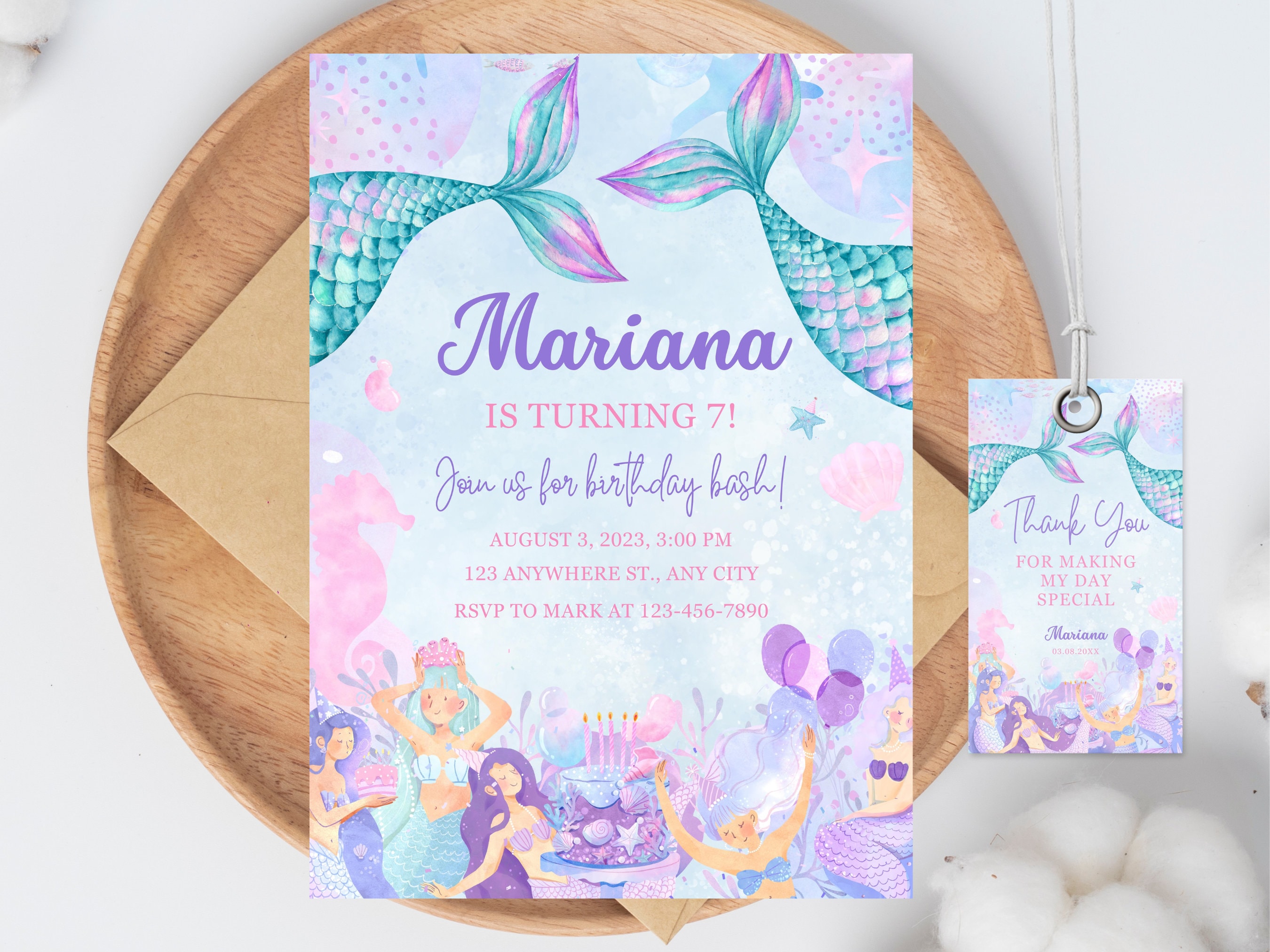 Editable Mermaid Birthday Invitation Canva Template Sea - Etsy