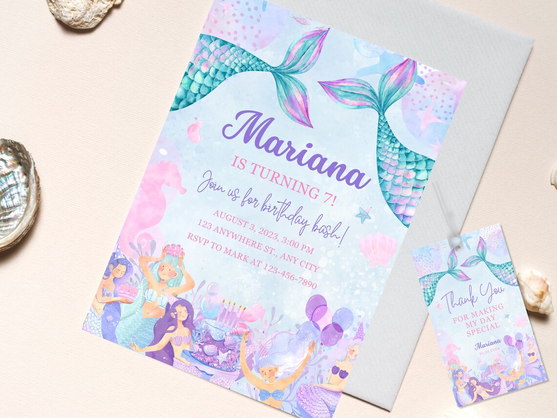 Editable Mermaid Birthday Invitation Canva Template Sea - Etsy