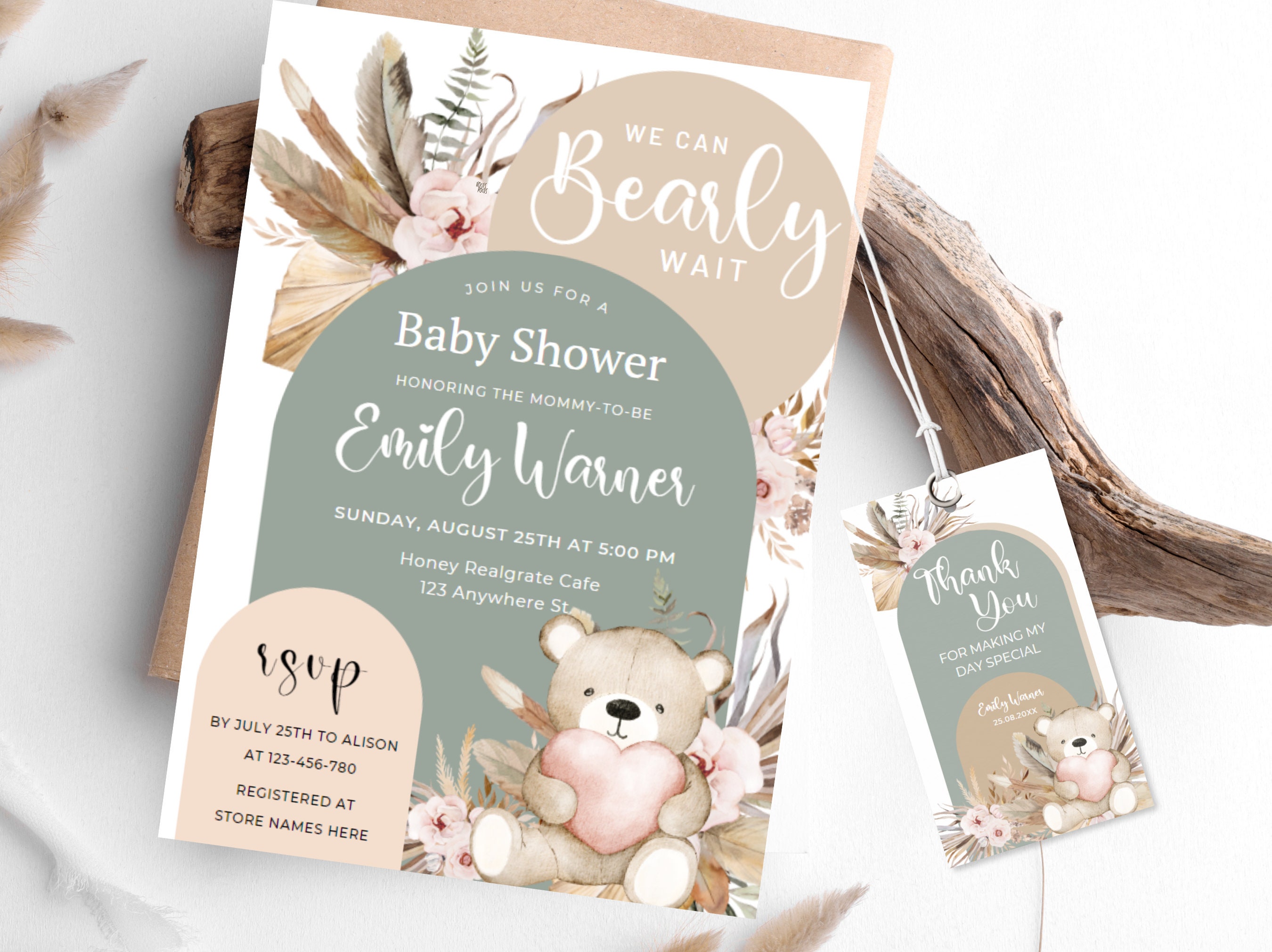 Editable We Can Bearly Wait Baby Shower Invitation, Boho Bear Baby ...