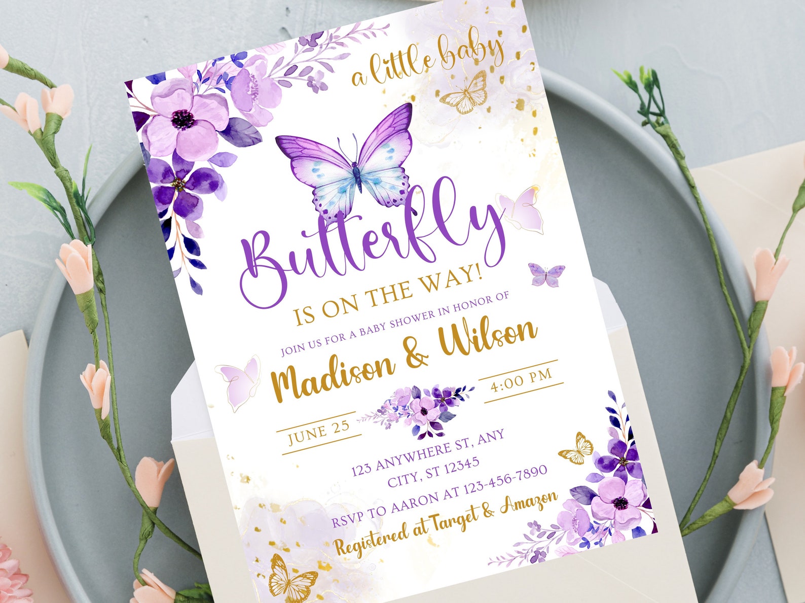 Editable Purple Butterfly Baby Shower Invitation, Butterfly Baby Shower ...