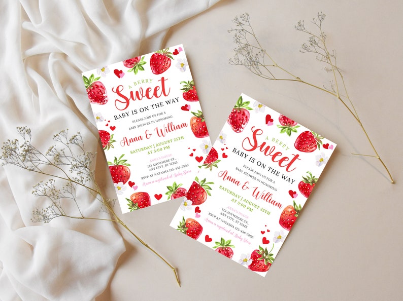 Editable Berry Sweet Baby Shower Invitation, Blush Berry Sweet Invite ...