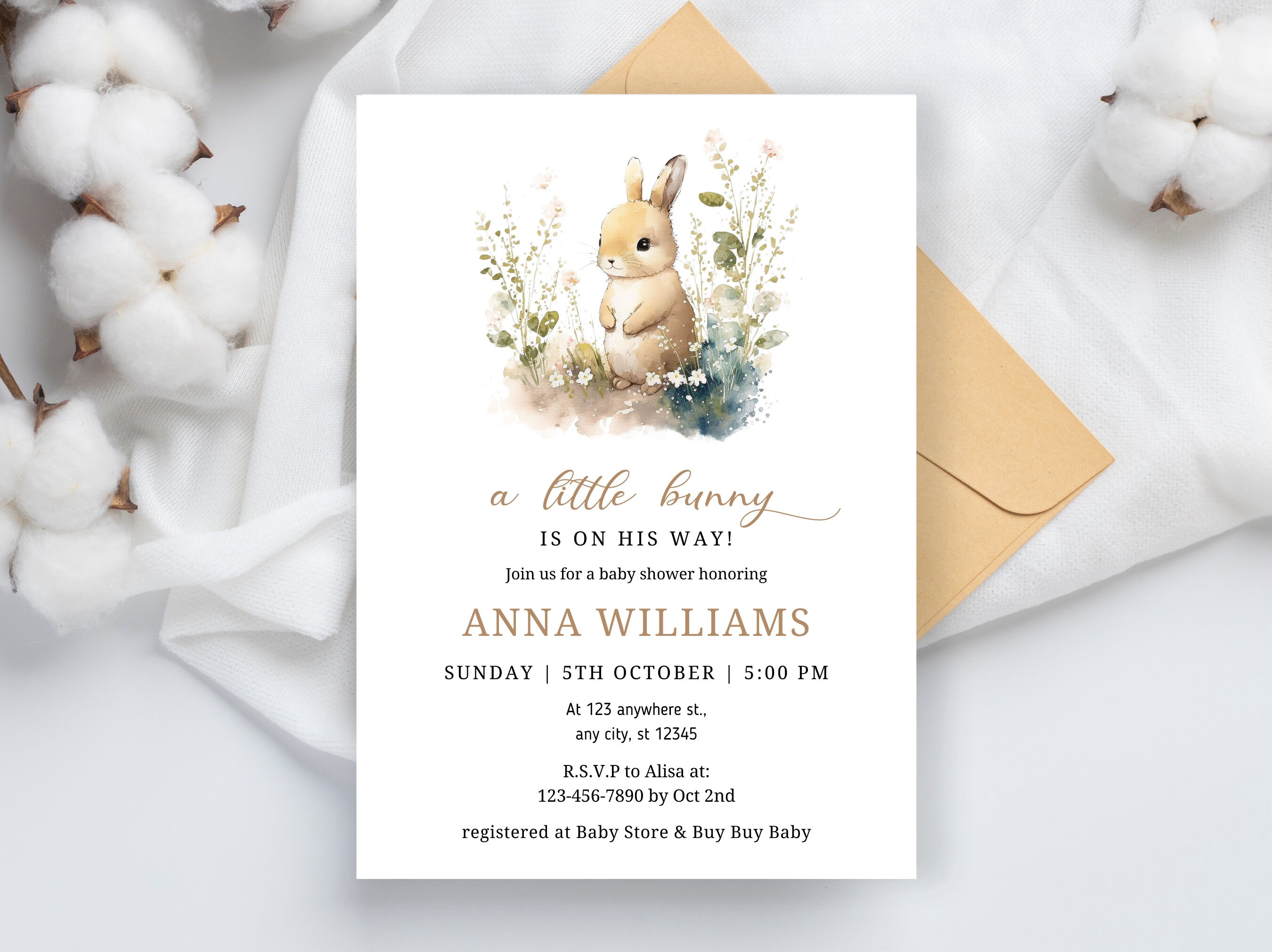 EDITABLE Rabbit Baby Shower Invitation, Watercolor Bunny Baby Shower ...