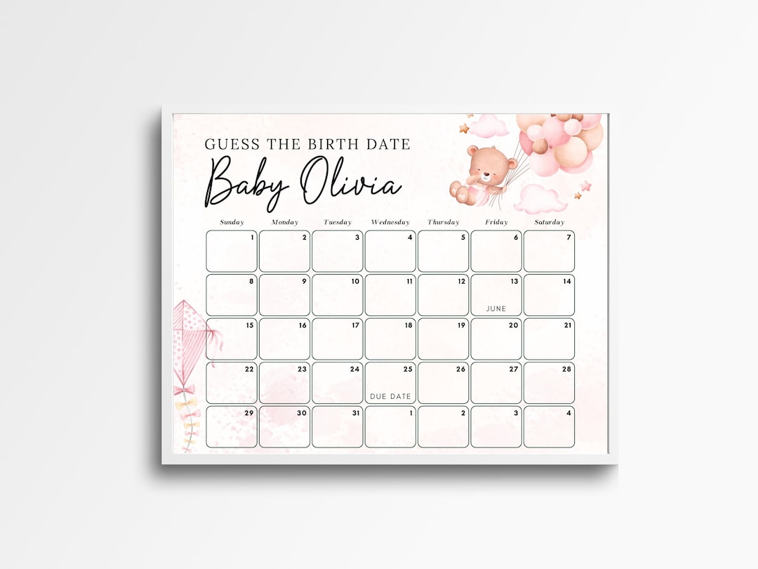 Girl Teddy Bear Baby Due Date Calendar, Pink Baby Shower Game, Guess ...