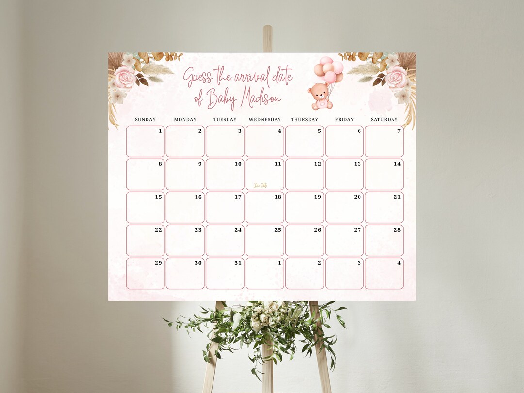 Boho Teddy Bear Baby Due Date Calendar, Baby Shower Game (printable PDF ...