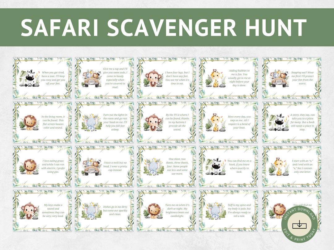 Safari Scavenger Hunt Clue Cards, Jungle Treasure Hunt Clues , Jungle ...